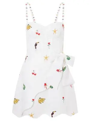 Farm Rio Scalloped Embroidered Linen Mini Dress - Neutrals