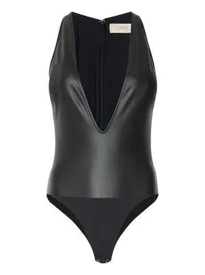 Lapointe Stretch Faux Leather Plunge Neck Bodysuit - Black