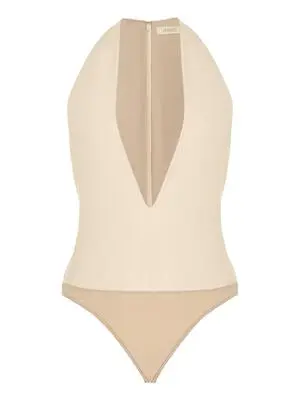 Lapointe Stretch Faux Leather Plunge Neck Bodysuit - Ecru