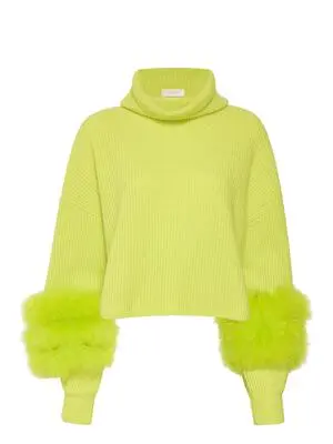 Lapointe Cashmere & Silk Turtleneck Sweater With Marabou Trim - Lime