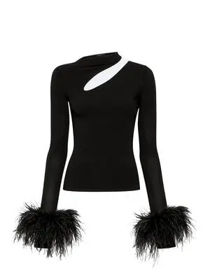 Lapointe Matte Viscose Asymmetrical Top With Feather Trim - Black