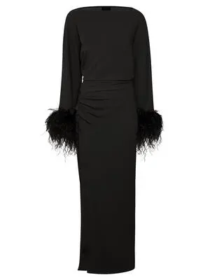 LAPOINTE Lapointe Stretch Drape Crepe Off-the-Shoulder Dress With Feather Embellishments