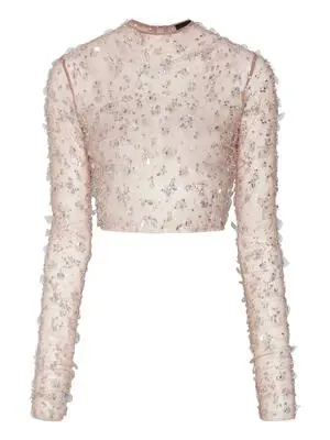 Lapointe Embroidered Mesh Cropped Top - Washed Silver