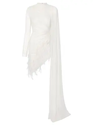 Lapointe Mesh High Neck Cape Dress With Feathers - Cream