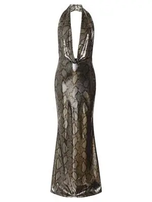 Lapointe Metallic Snake Print Deep Cowl Neck Maxi Gown - Silver