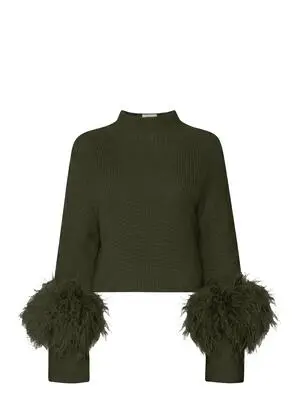 Lapointe Merino Wool Mock Neck Sweater With Feather Embellishment - Pine