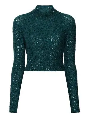 Lapointe Cashmere Sequin Mock Neck Cropped Top - Emerald