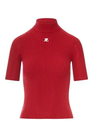 COURREGES Reedition Short Sleeve Rib Knit High Neck Sweater - Red