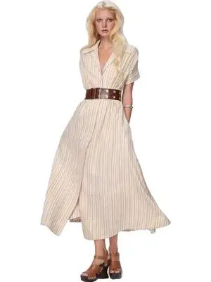 THEO THE LABEL Astraea Lurex Belted Maxi Dress Sand
