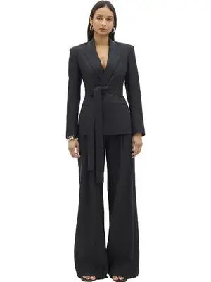 Another Tomorrow Double-breasted Fitted Jacket With Tie Belt - Black