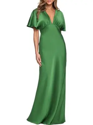 Betsy & Adam V-neck Satin Gown With Flutter Sleeves - Moss