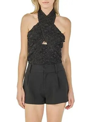 Endless Rose Endless Rose Textured Halter Top With Cutout And Open Back Black