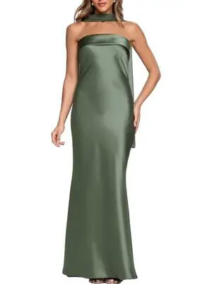 XSCAPE EVENINGS Xscape Evenings Strapless Satin Gown With Chiffon Scarf