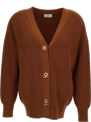 Elisabetta Franchi Ribbed V-neck Cardigan With Gold-tone T-bar Clasps - Marrone
