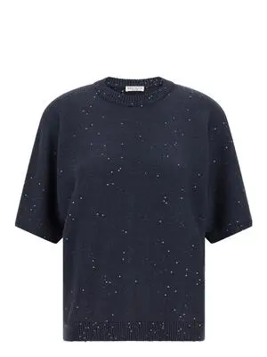 Brunello Cucinelli Diamante Sequin Appliqué Round Neck Short Sleeve Sweater - Black