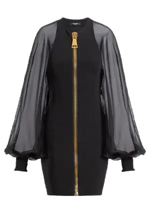Balmain Short Jersey And Muslin Dress With Gold Zip - Black
