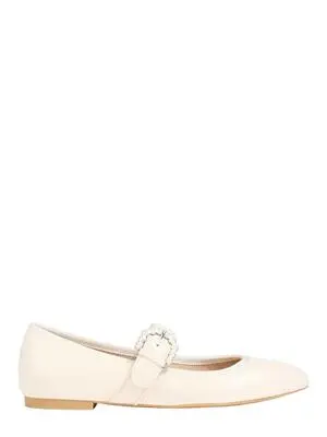 STUART WEITZMAN Piper Leather Mary Jane Flats With Faux Pearl Embellishment - Ecru