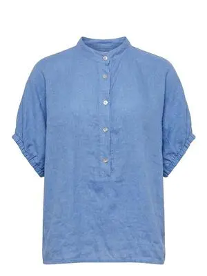 JAMES LAKELAND Relaxed Linen Blouse With Mandarin Collar And Puff Sleeves - Blue