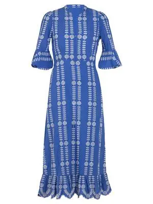 ROSE & NANCY Cotton Broderie V-neck Midi Dress - Blue
