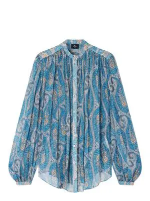 Etro Pleated Paisley Print Silk Crepe Shirt - Blue