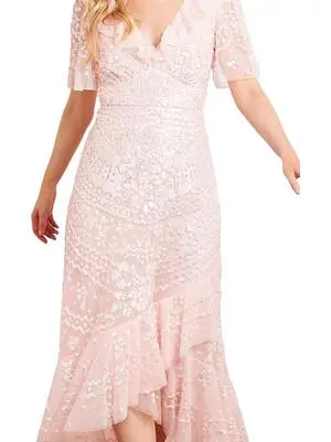 NEEDLE & THREAD Anais Sequin Frill Ankle Gown Seashell
