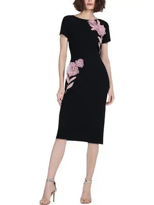 EMILY SHALANT Stretch Crepe Organza Midi Dress With Crystal Flower Applique - Black