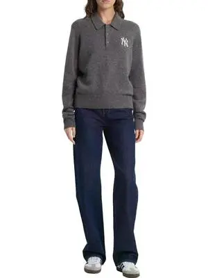 SPORTY & RICH Heritage Yankees Serif Cashmere Polo-collar Sweater - Grey