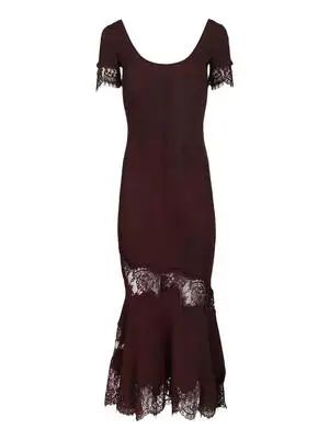 SELF-PORTRAIT Ribbed-knit Maxi Dress With Lace Trim - Brown