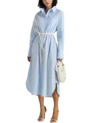 Manière De Voir Isa Belted Pinstripe Cotton Midi Shirt Dress - Blue