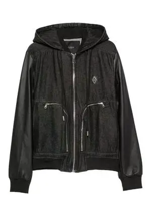 YES LONDON Hooded Denim Jacket With Contrast Leather Sleeves - Black