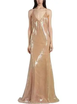 David Koma Sequin Embellished Fringed Maxi Dress - Neutrals