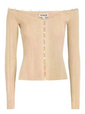 Staud Ribbed Knit Off-shoulder Cardigan - Neutrals