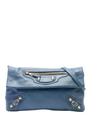 Balenciaga Lambskin Leather Motocross Giant 12 Envelope Clutch With Strap - Blue