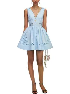 SELF-PORTRAIT Cotton Embroidered Mini Dress - Blue