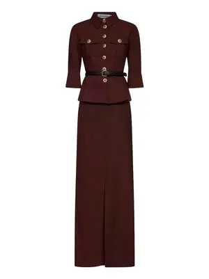 SELF-PORTRAIT Jewel-button Peplum Waist Maxi Dress - Brown