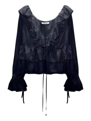 Dorothee Schumacher Black Satin Ruffled Tiered Blouse - Blue