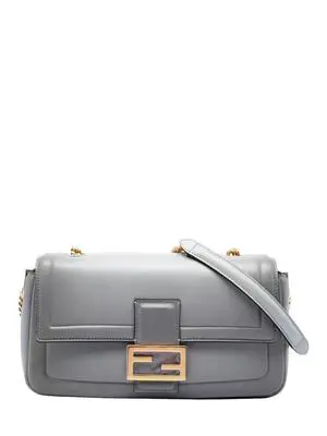 Fendi Leather Baguette Chain Midi Shoulder Bag - Grey