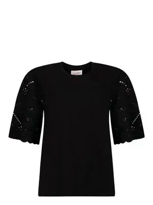 MC2 SAINT BARTH Maise T-shirt With Broderie Anglaise Sleeves - Black