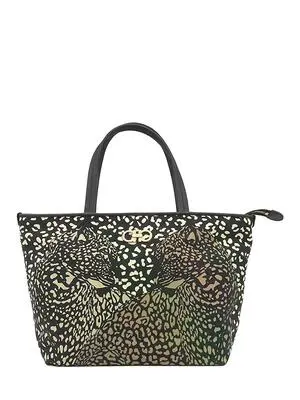 FERRAGAMO Double Gancini Leopard Print Nylon Tote Bag - Black