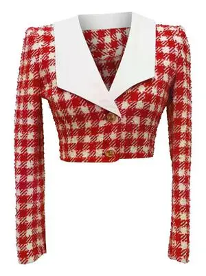 Alessandra Rich Checked Tweed Cropped Jacket - Red