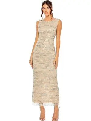 Mac Duggal Sleeveless Embellished Dress With Fringe Hem - Neutral