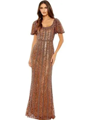 Mac Duggal Beaded Flutter Sleeve Column Gown - Copper