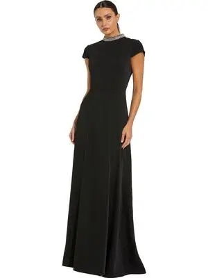 Mac Duggal Cap Sleeve Gown With Embellished Mock Neckline - Black