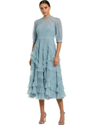 Mac Duggal Petite High Neck Ruffle Tiered A-line Midi Dress - Blue