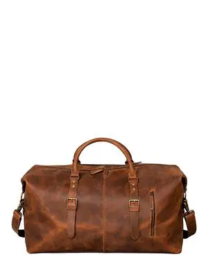 TOURI Genuine Leather Holdall Bag With Zip Detail - Brown