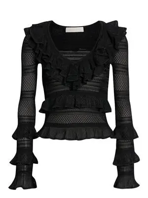 Zimmermann Ruffled Crochet-knit Top - Black
