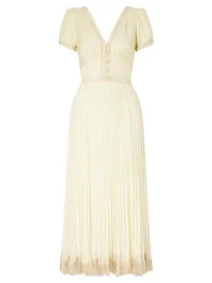 SELF-PORTRAIT Lace-trimmed Pleated Crepe Midi Dress - Yellow
