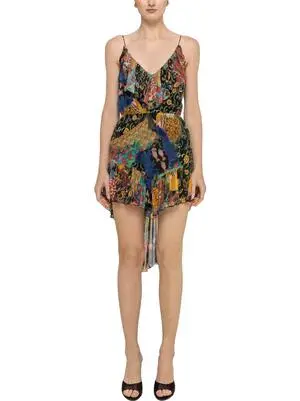 NISSA Printed Chiffon Asymmetric Mini Dress - Black