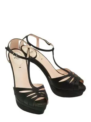 Fendi Satin T-strap Peep-toe Platform Stiletto Sandals - Black
