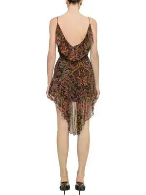 NISSA Printed Silk Asymmetric Mini Dress - Black